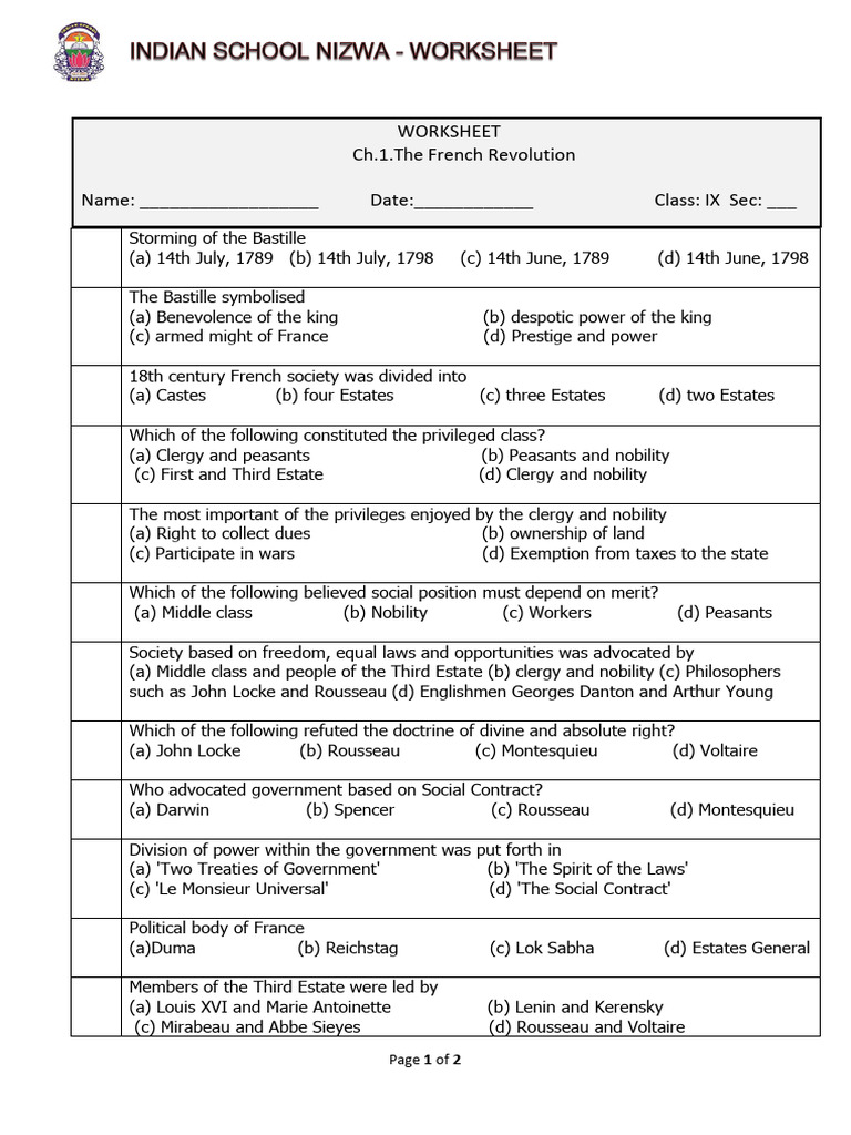 ISN - 2024-25 - CLass IX History Worksheet - Ch.1.the French Revolution ...