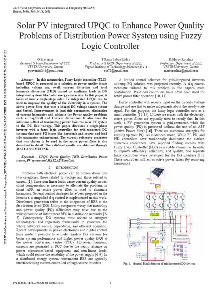 Solar PV Integrated UPQC To Enhance Power Quality Problems of Distribution Power System Using ...