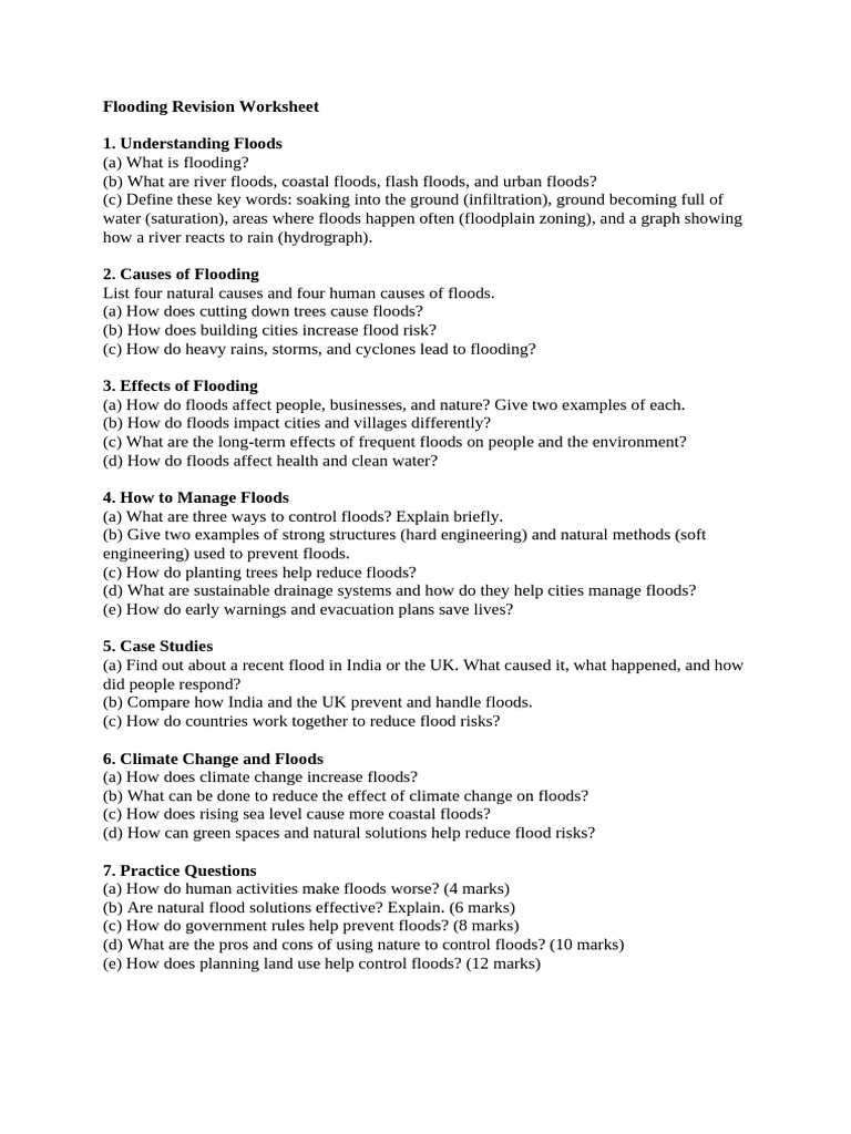 Flooding Revision Worksheet | PDF | Flood | Tropics