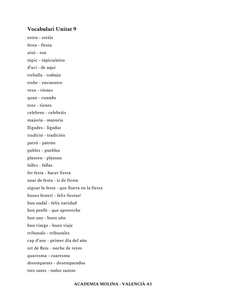 Vocabulario Valenciano A1: Unidad 9 | PDF