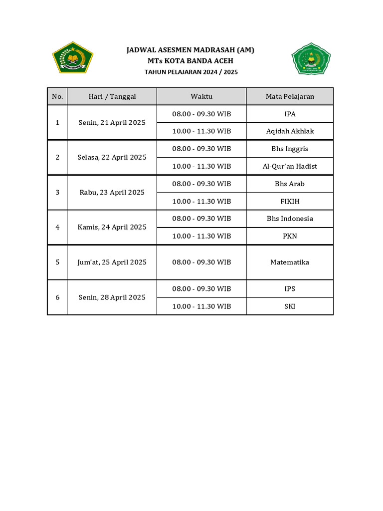 Roster AM MTs Kota Banda Aceh 2025 | PDF