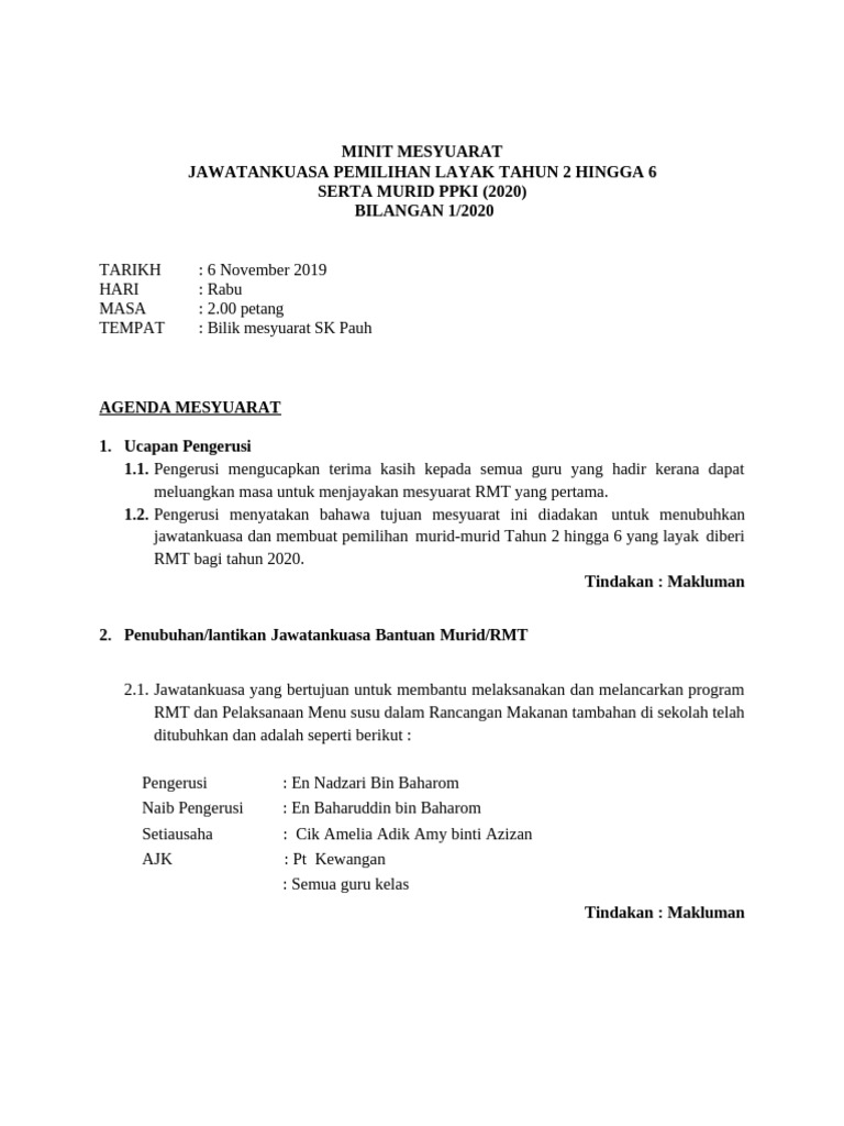Minit Mesy Pemilihan Murid RMT 1 2020 | PDF