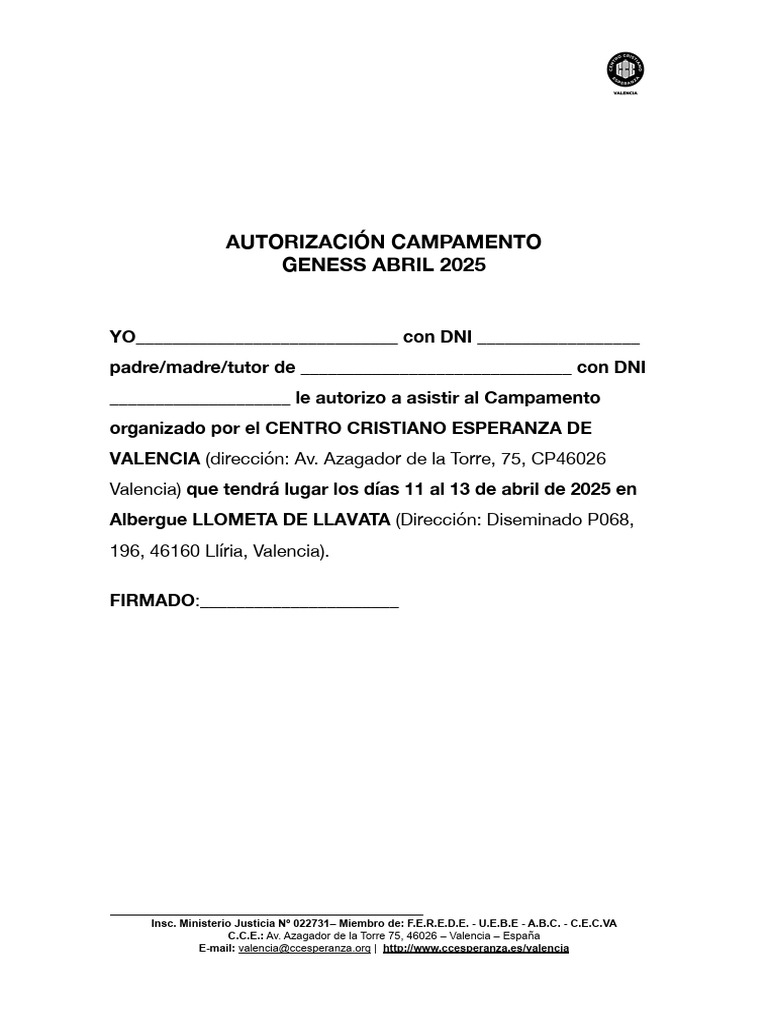 Autorización Campamento Geness 2025 | PDF
