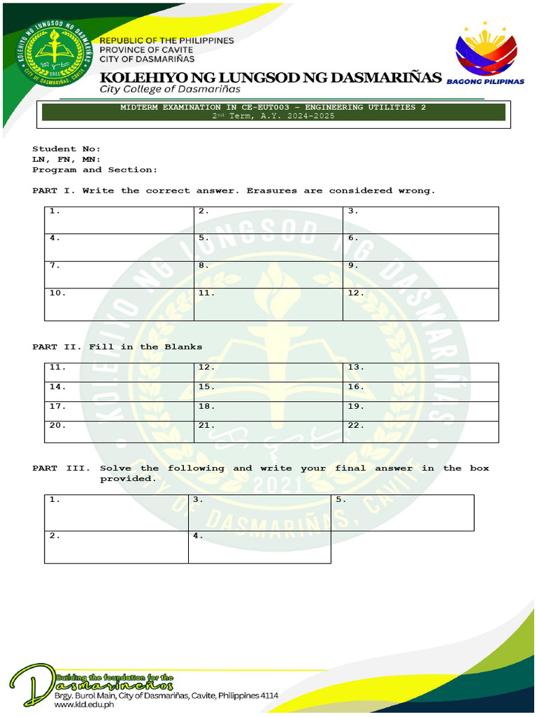 Engineering Utilities 2 Midterm - Answersheet | PDF
