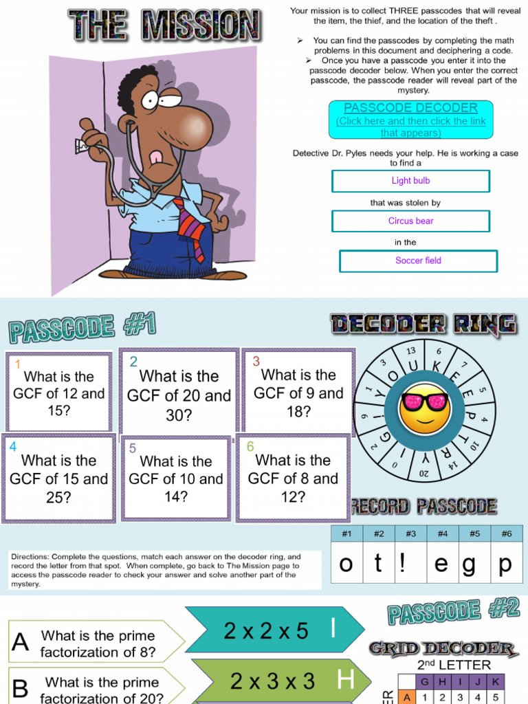 GCF, LCM, and Prime Factorization Escape Room - Bottoms | PDF