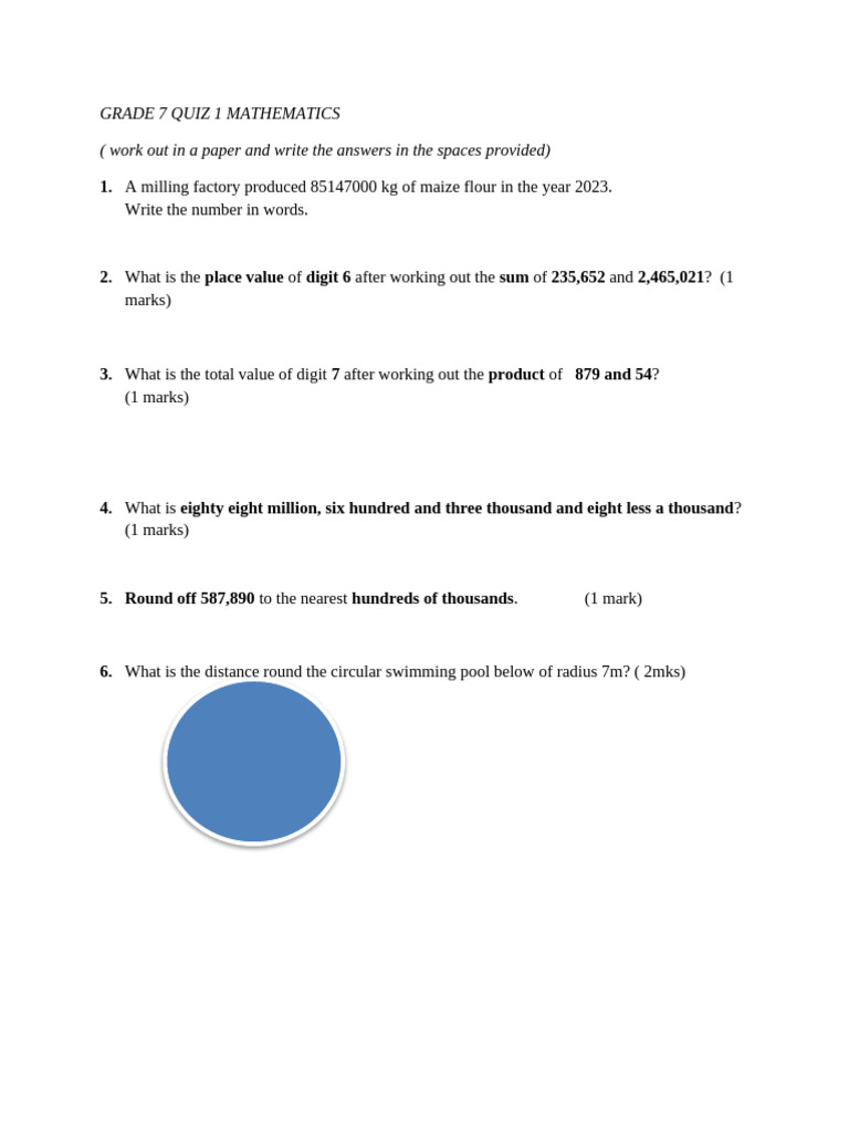 Grade 7 Mathematics Quiz 1 | PDF