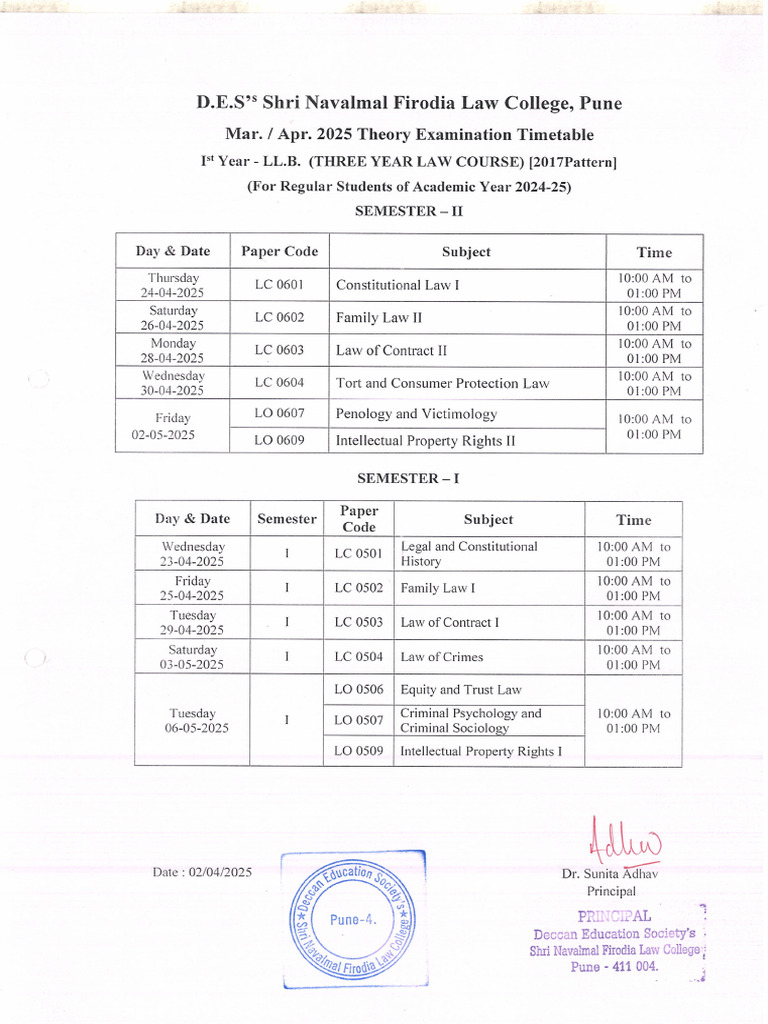 1st LL.B (2017 Pattern) Time Table Examination Mar, Apr 25 | PDF
