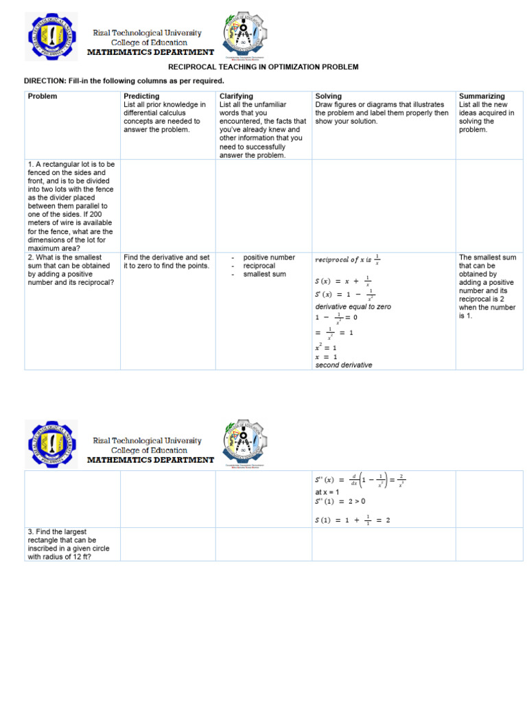 Optimization Using Reciprocal Teaching | PDF | Area