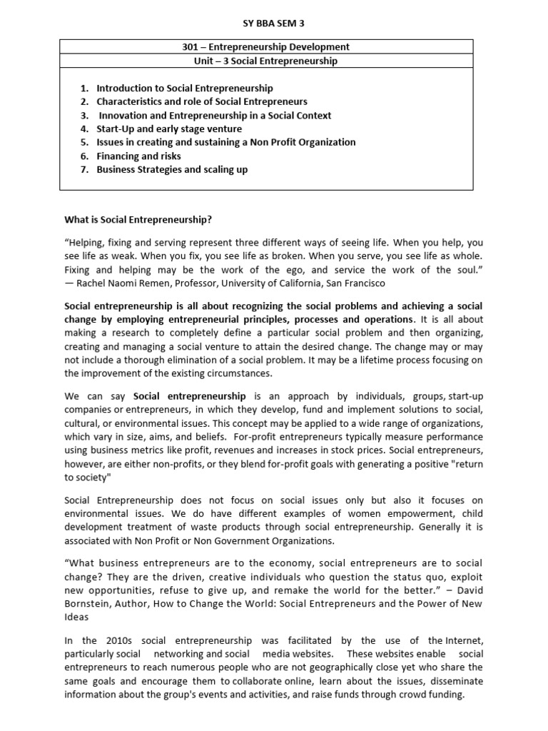 SY ED Unit 3.social Entrepreneurship | PDF | Social Entrepreneurship ...