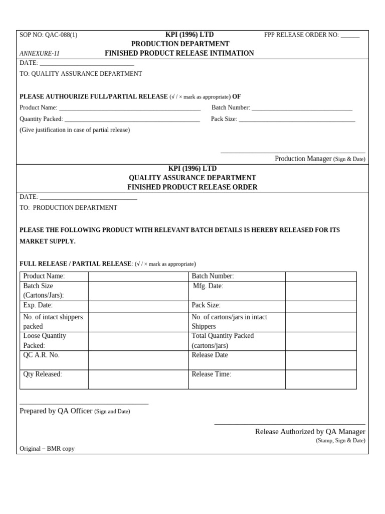 FINISHED PRODUCT INTIMATION & RELEASE ORDER | PDF | Quality Management ...
