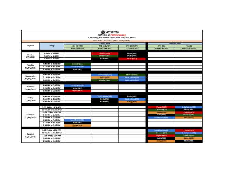 Weekly Timetable for Foundation Courses | PDF