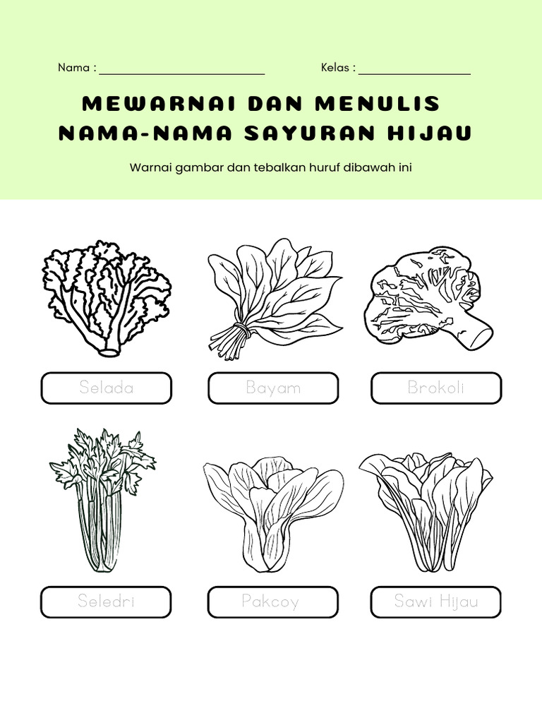Lembar Kerja Mewarnai Dan Menulis Tema Sayuran Hijau Ilustrasi ...