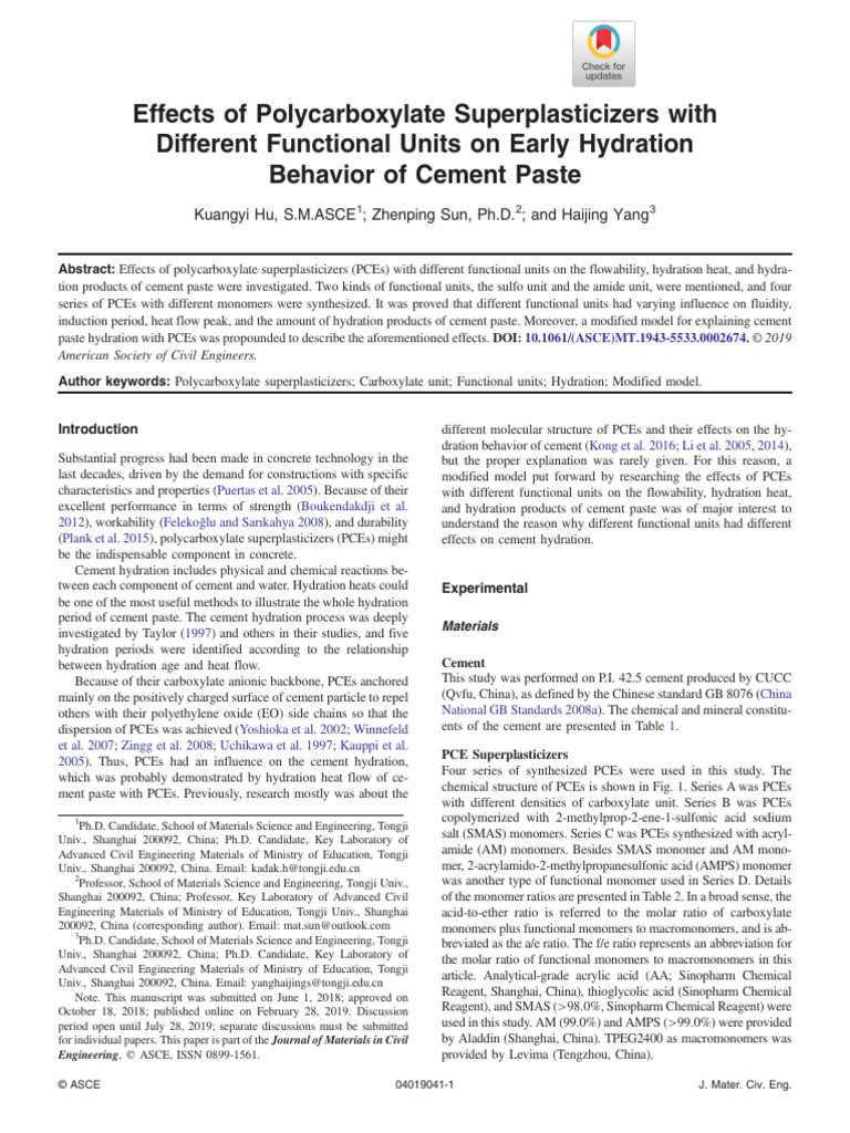 Effects of Polycarboxylate Superplasticizers Withdifferent Functional Units On Early ...