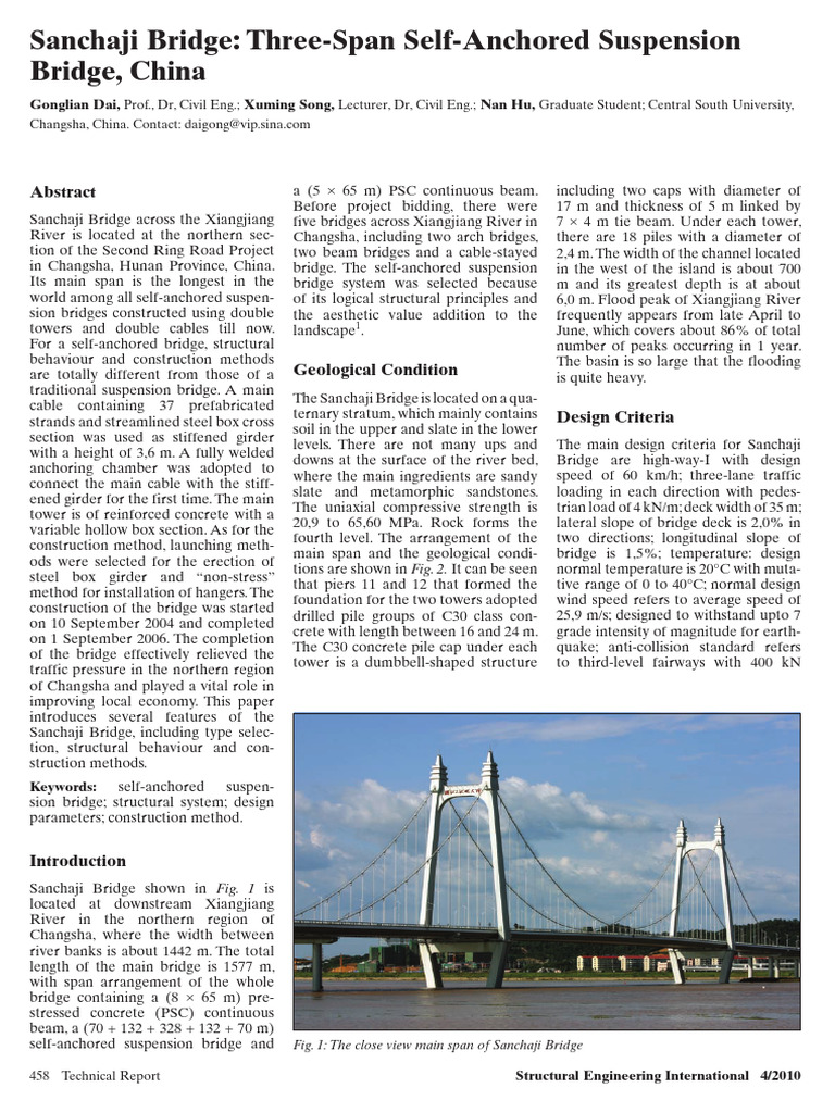 Sanchaji Bridge Three-Span Self-Anchored Suspension Bridge | PDF | Beam (Structure) | Bridge
