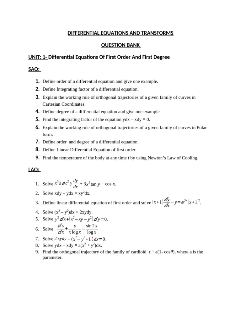 DET QUESTION BANK FOR UNIT-1,2 | PDF | Equations | Mathematical Analysis