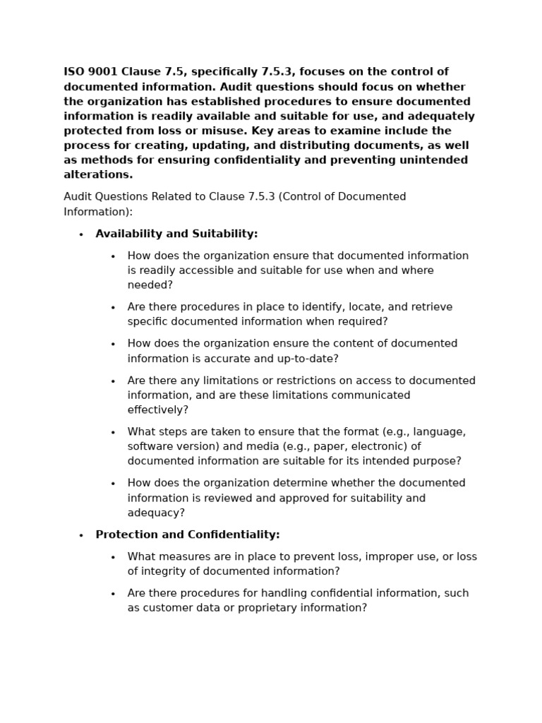 Control of Documented Information Sample Audit Questions | PDF ...