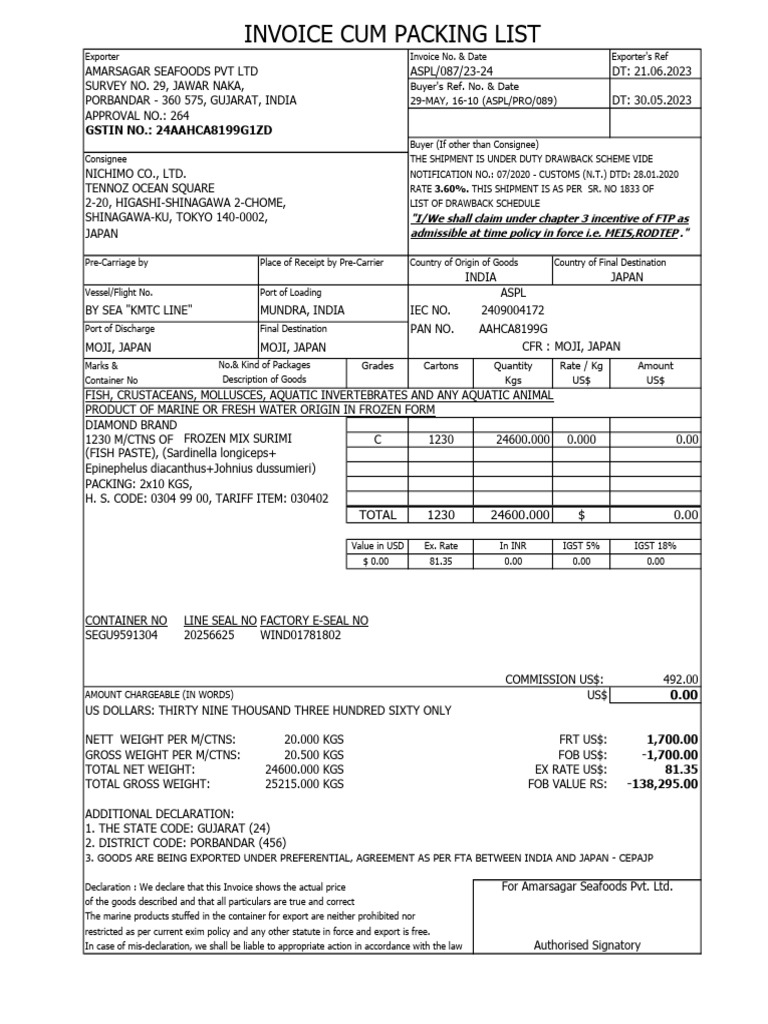 Invoice Cum Packing List for Export | PDF | International Trade