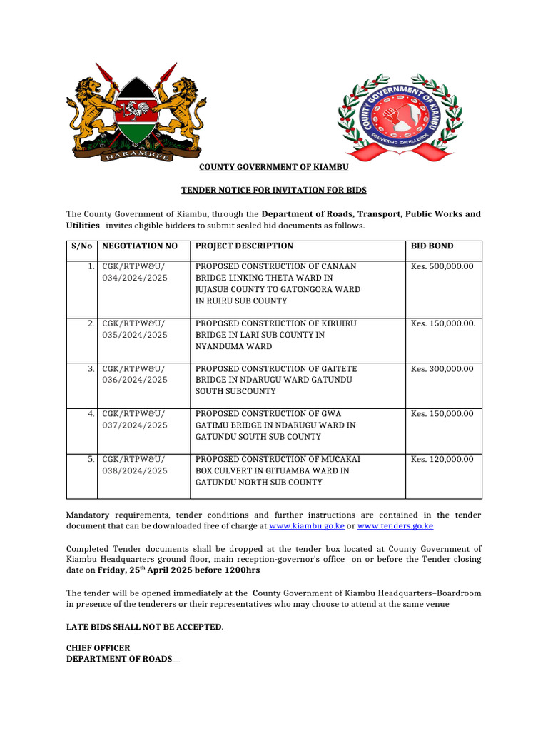 Kiambu Tender Notice for Bridge Projects | PDF