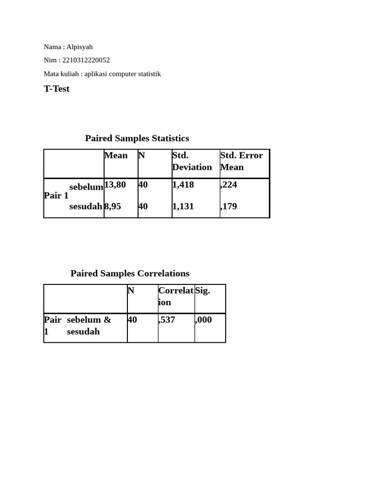 T-Test Analysis for Paired Samples | PDF
