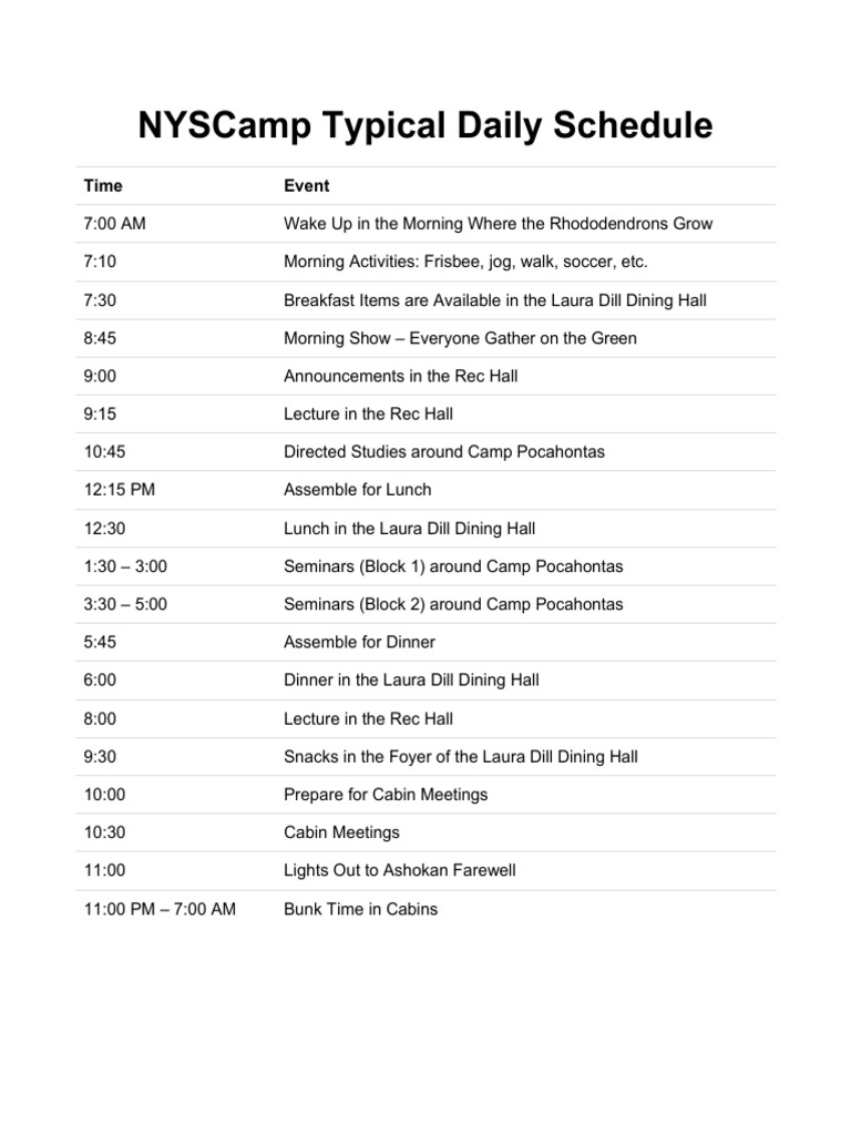NYSCamp 2019 Typical Daily Schedule | PDF