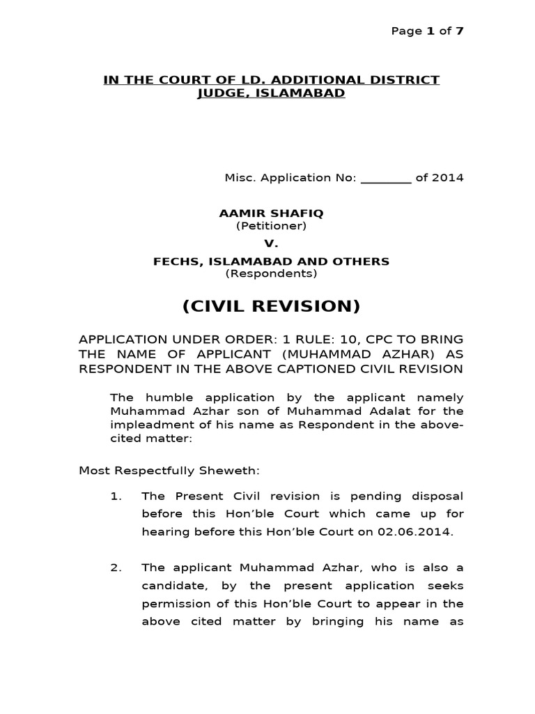 Impleadment Application in Civil Revision | PDF | Affidavit | Public Law
