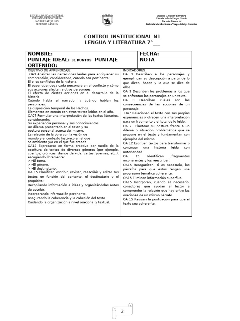 Evaluación Lengua y Literatura 7° Básico | PDF | Cuentos