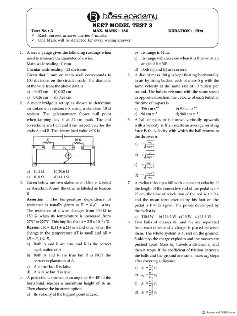 Test 3, Neet Model Test 3 QP With Solutions, 11.04.2025 | PDF