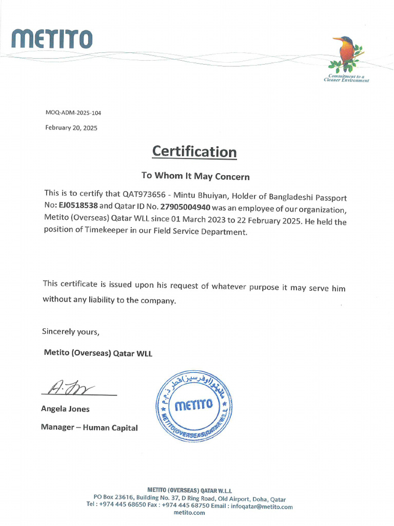 Certification (Metito) | PDF