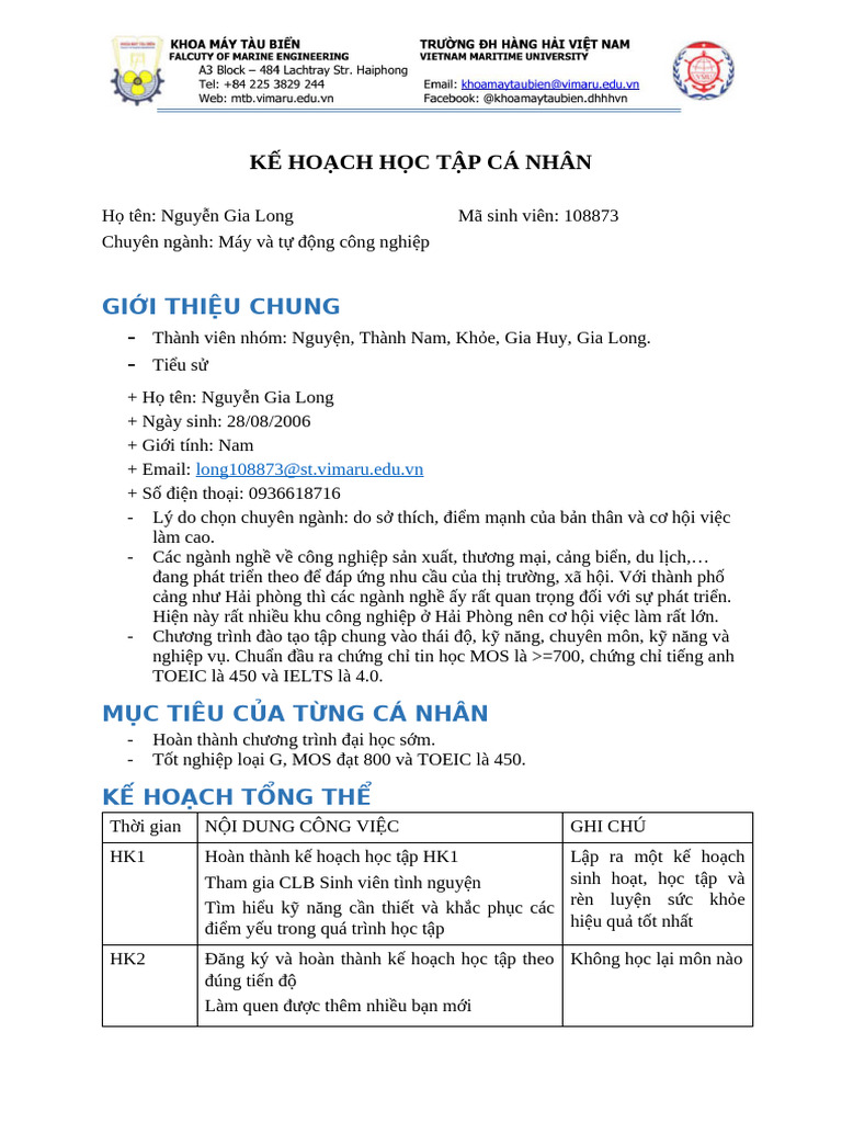 Ke Hoach Hoc Tap CA Nhan | PDF