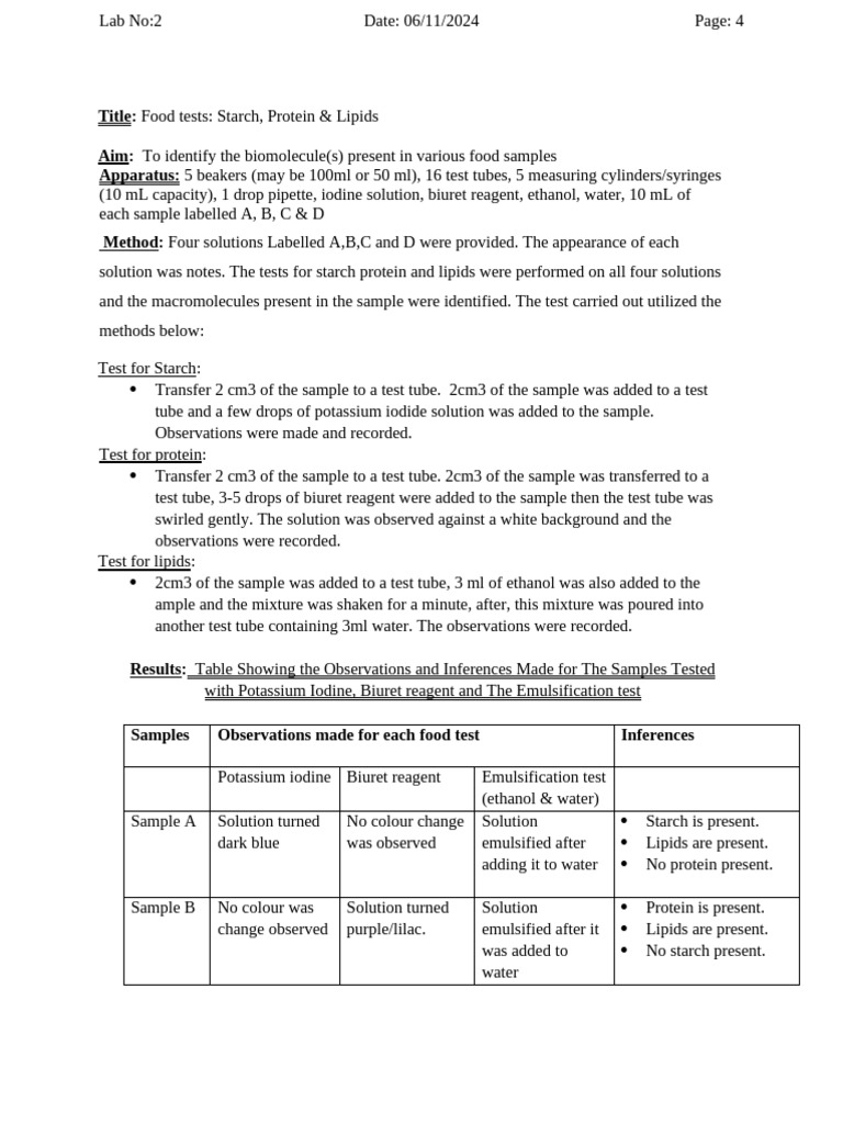 Emulsion Test Results in Food Analysis | PDF | Emulsion | Molecules