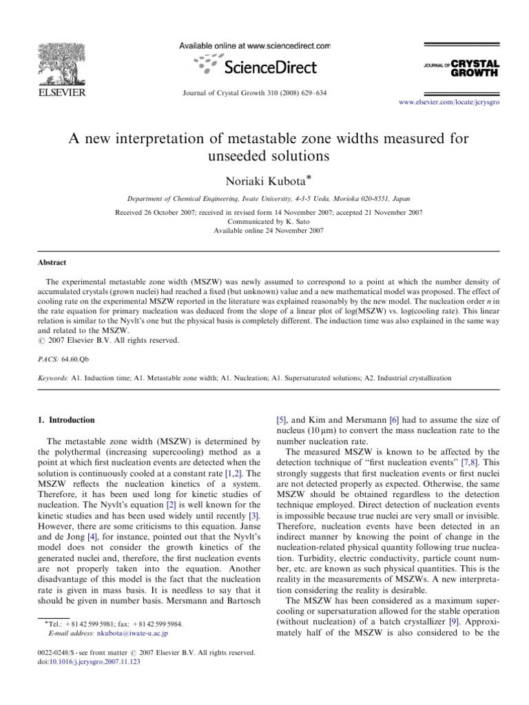 A New Interpretation of Metastable Zone Widths Measured For Unseeded ...