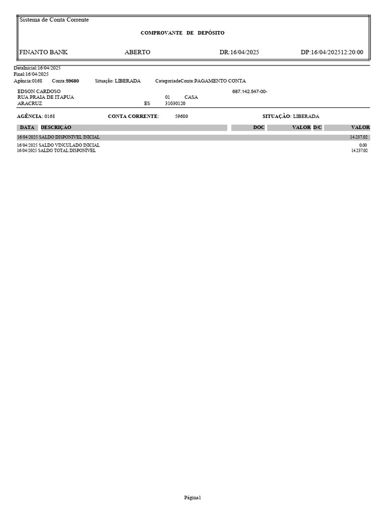 Comprovante de Depósito Finanto | PDF | Conta bancária | Bancos