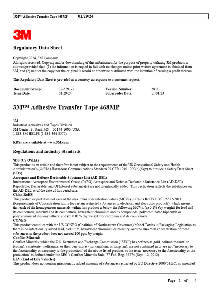 3M 468MP Regulatory Data Sheet | PDF | Chemical Substances | Chemistry