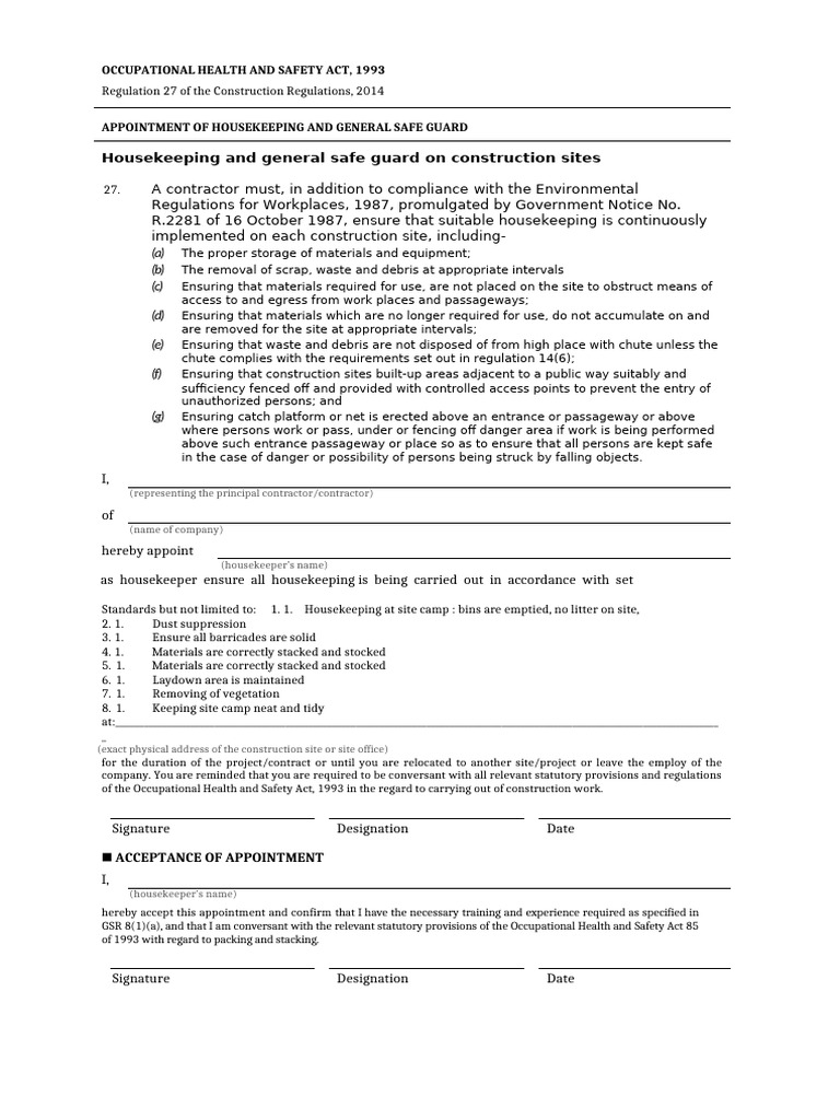 Housekeeping Appointment in Construction | PDF | Housekeeping | Safety