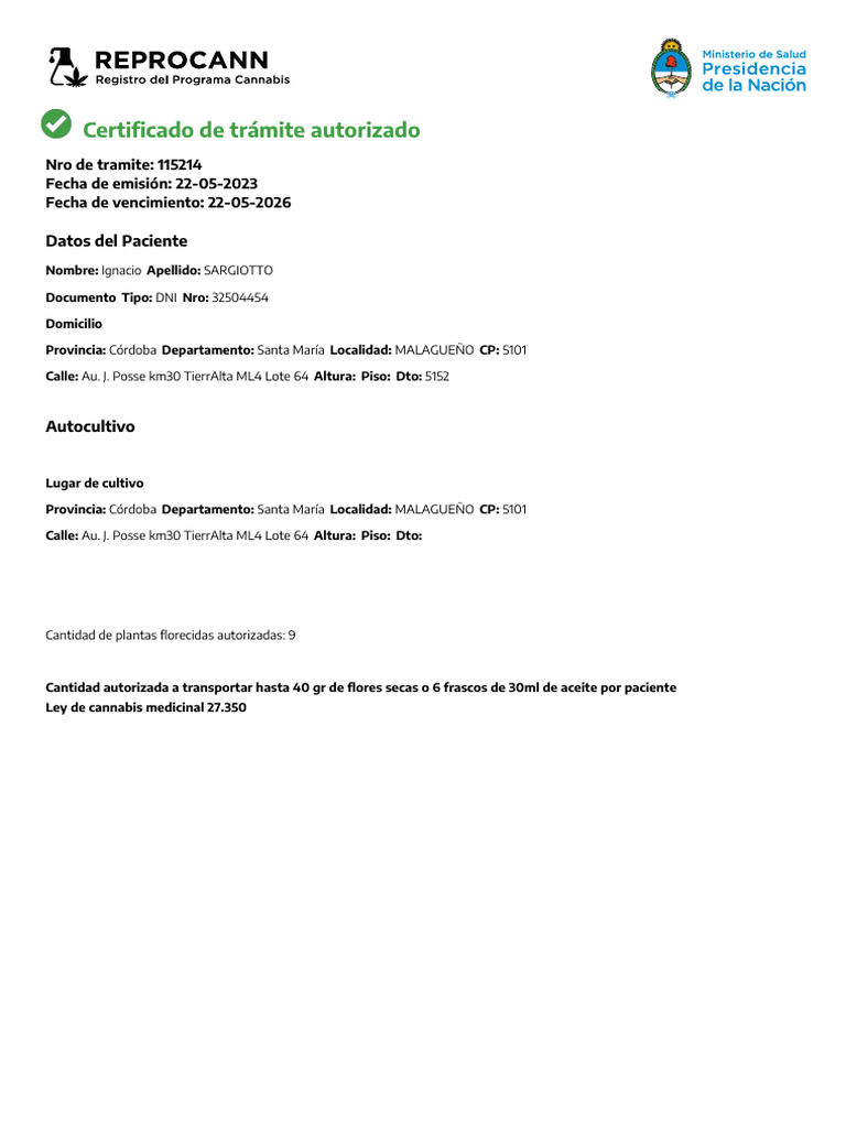 Reprocann Certificado | PDF