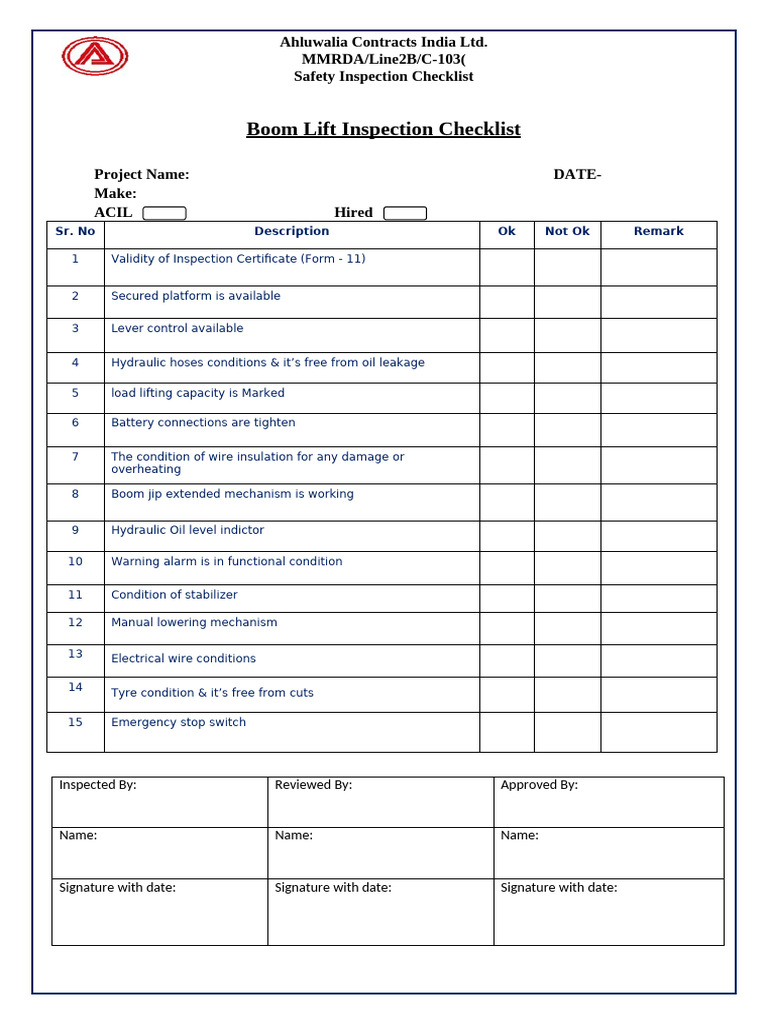 10 Boom Lift Inspection Checklist | PDF