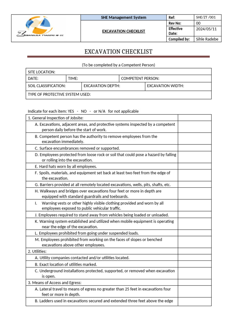 Excavation Checklist ZIBANDLELA | PDF | Safety | Occupational Safety ...