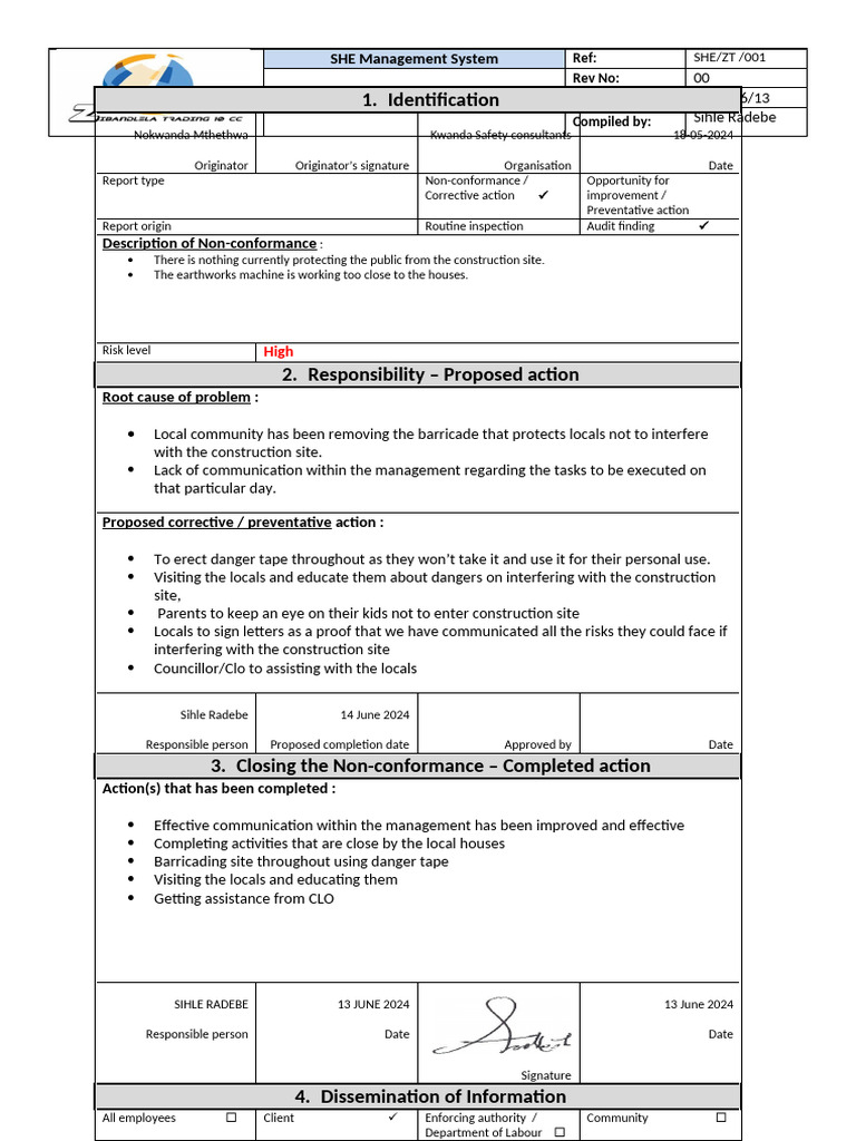 Non-Conformance Report Zibandlela 001 | PDF