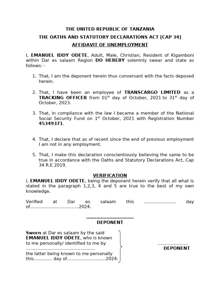 Affidavit of Unemployment by Odete | PDF | Affidavit | Government