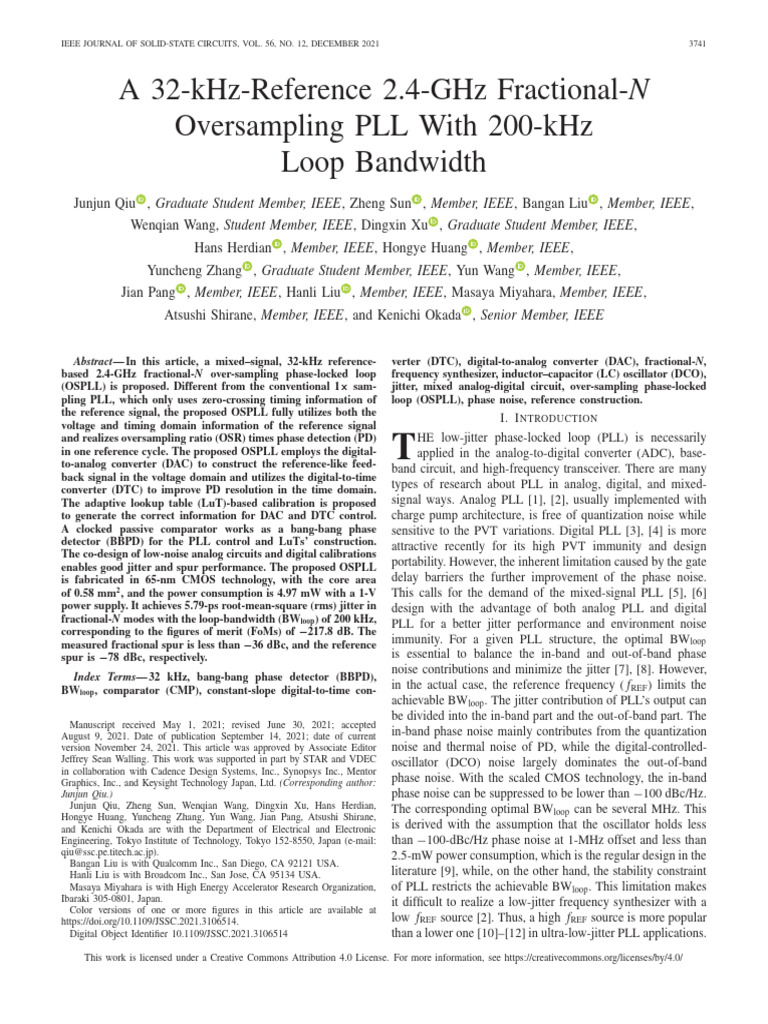 A 32-kHz-Reference 2.4-GHz Fractional-N Oversampling PLL With 200-kHz Loop Bandwidth | PDF ...