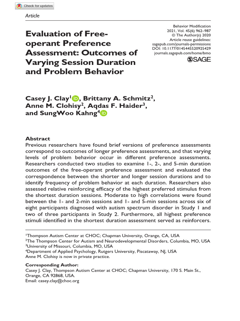 Clay Et Al 2020 Evaluation of Free Operant Preference Assessment Outcomes of Varying Session ...