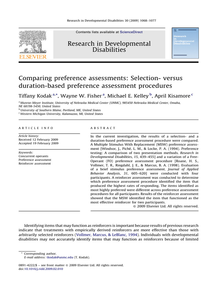 Kodak, Fisher, Kelley, & Kisamore (2009) | PDF | Reinforcement | Autism