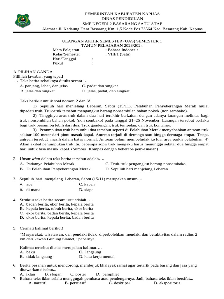 Soal Uas Kls 8 | PDF