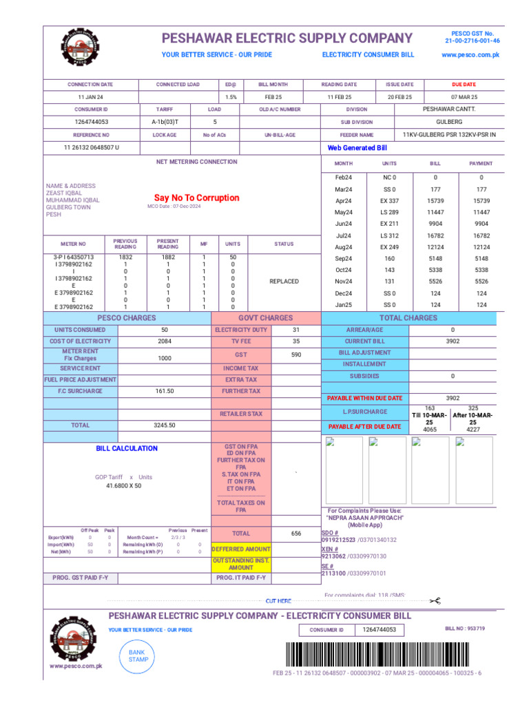 PESCO Electricity Bill Summary 2025 | PDF | Taxes | Fee