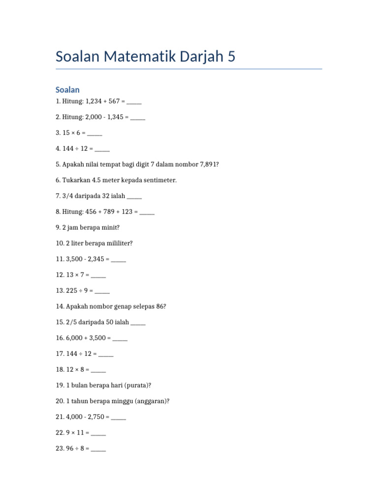 Soalan Matematik Darjah 5 | PDF