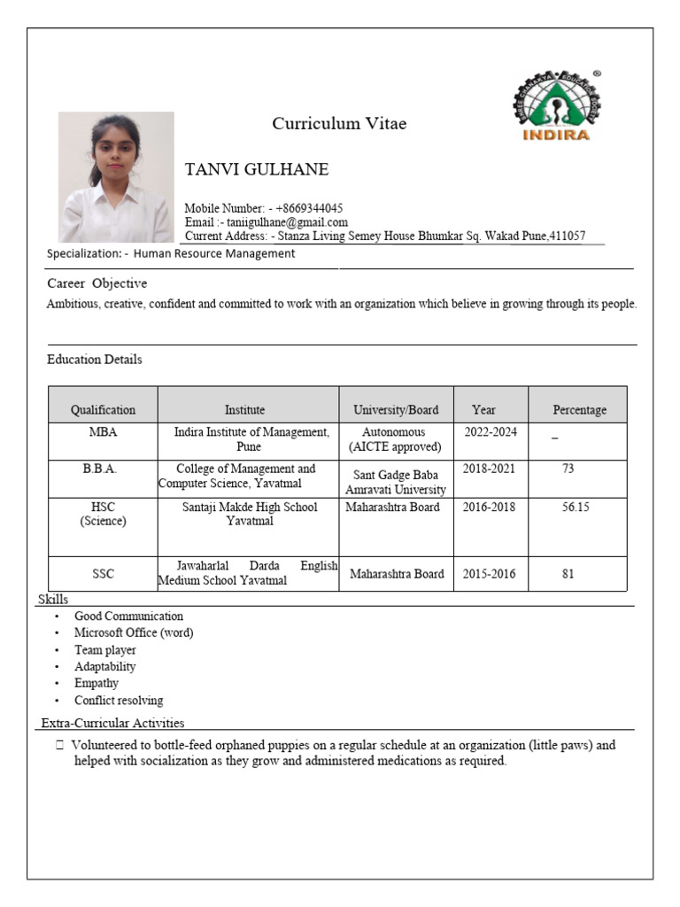 Tanvi Gulhane - HR Management CV | PDF