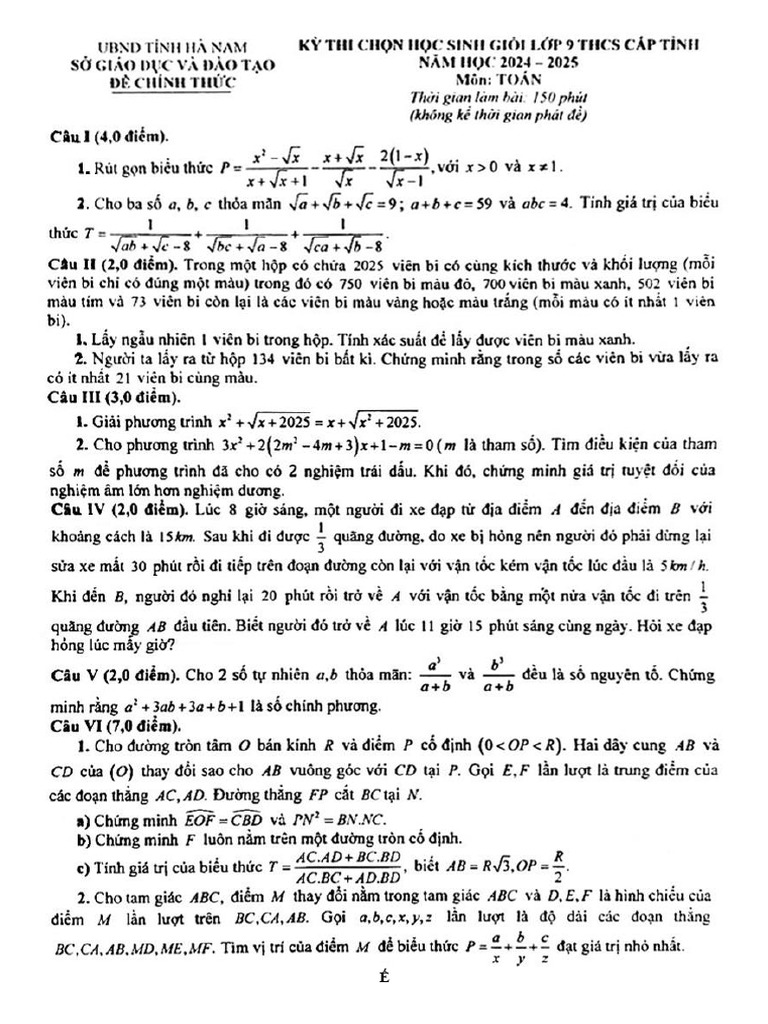 De Chon Hoc Sinh Gioi Tinh Toan 9 Nam 2024 2025 So GDDT Ha Nam | PDF