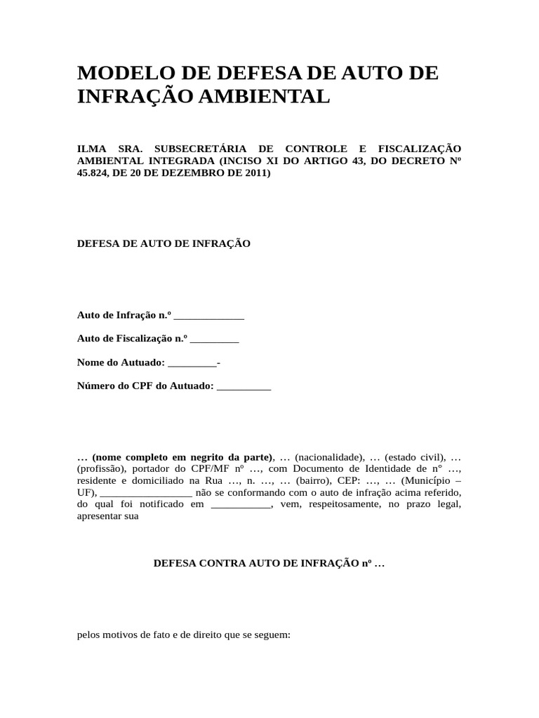 Modelo de Defesa de Auto de Infração Ambiental | PDF | Constituição ...