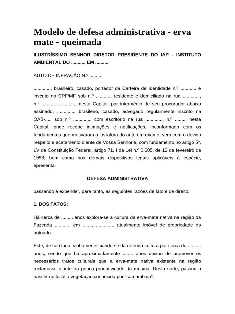 Modelo de Defesa Administrativa | PDF | Crimes | Crime e Violência
