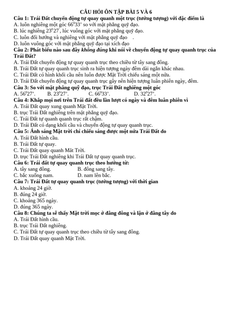 Câu Hỏi Ôn Tập Bài 5 Và 6 | PDF